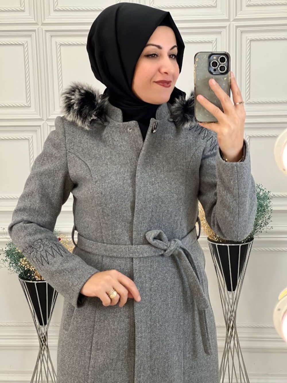 22871 Uzun Kaşe Manto Gri Modelleri En Uygun Fiyatlarla